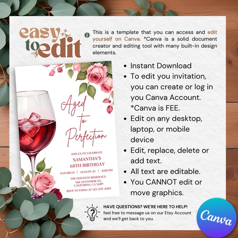 Editable Aged to Perfection Invitation, Wine Birthday Invitation, Fine Like Wine Floral Women ...