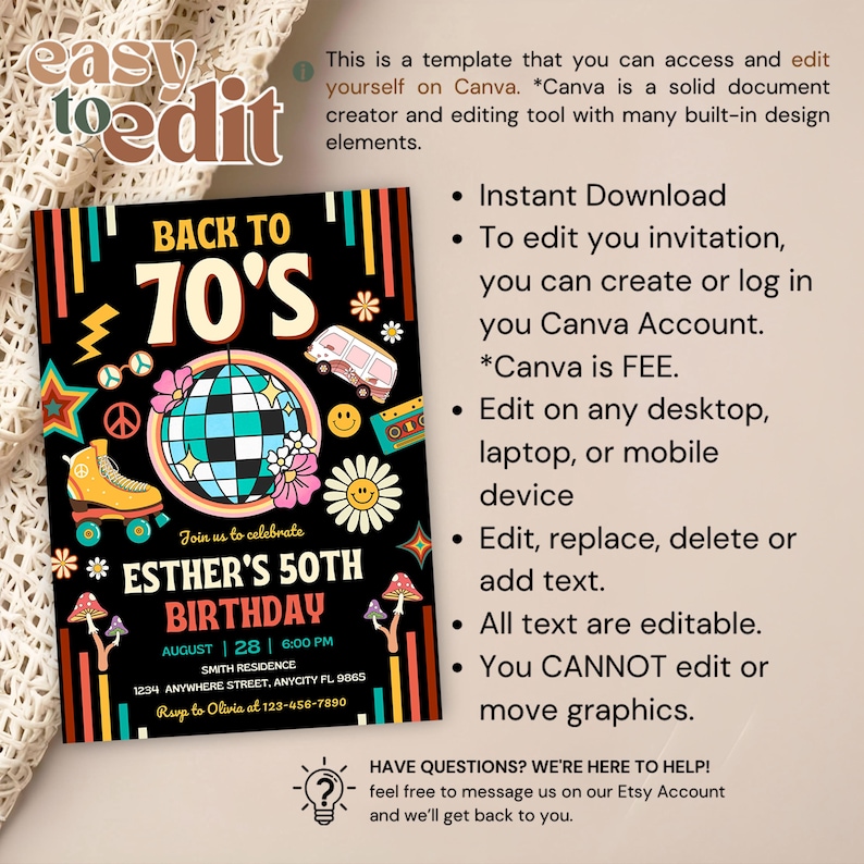 Editable 70s Birthday Party Invitation , Back to the 70s 80s 90s ...