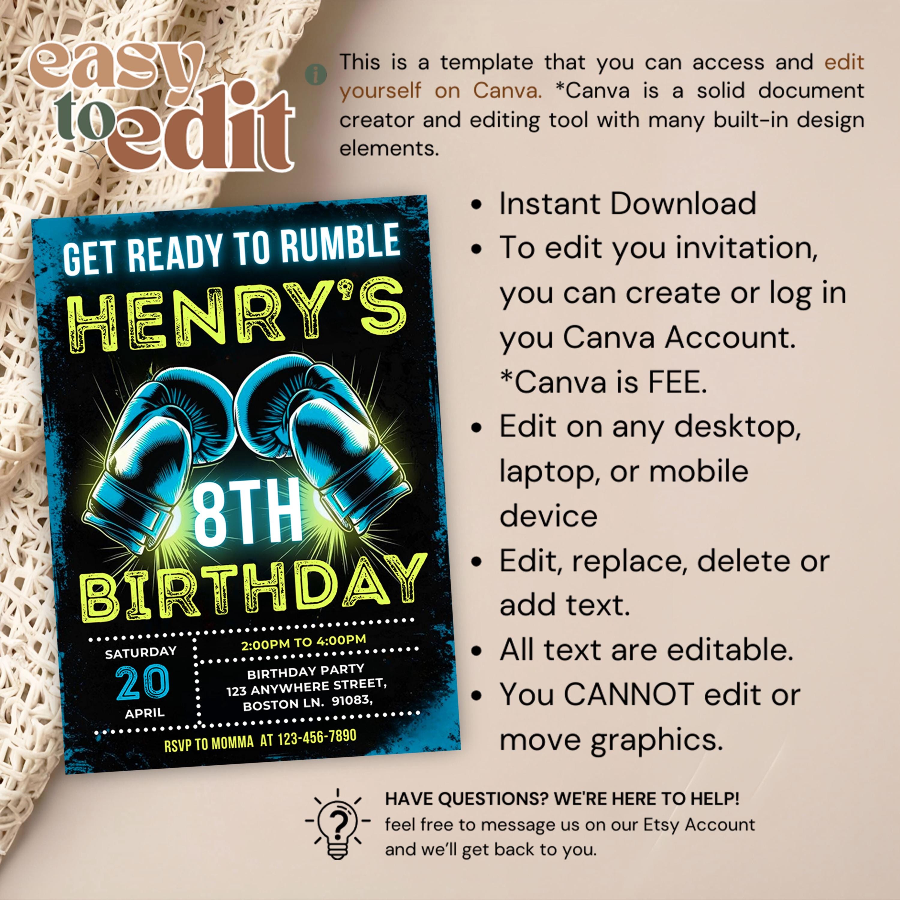 Editable Boxing Birthday Invitation, Fighter Birthday Invitation, Any ...