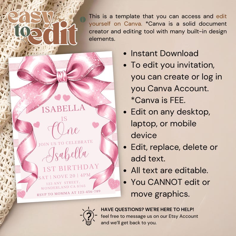 Editable Pink Bow First Birthday Invitation, Coquette Pink Bow Birthday ...