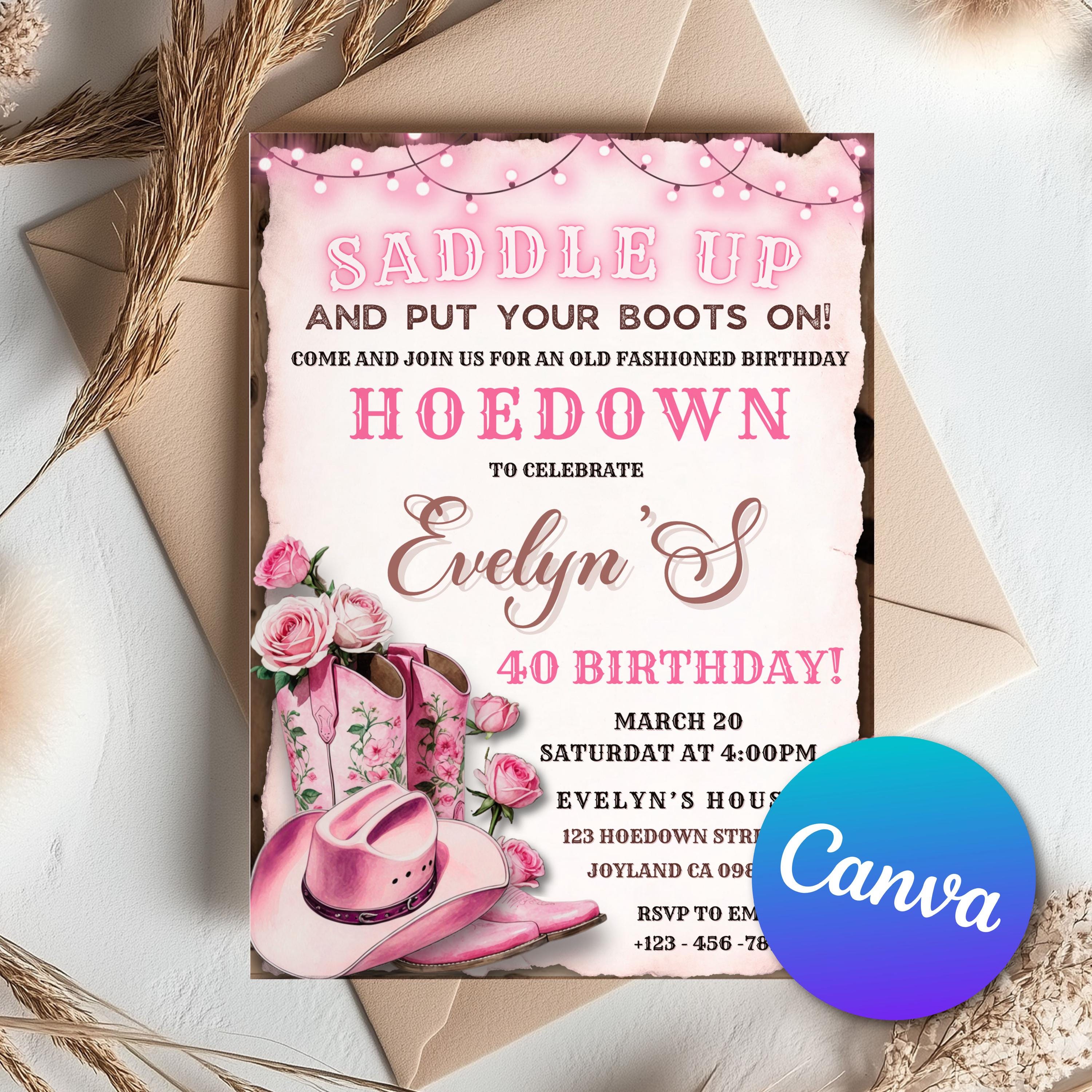 Editable Western Hoedown Birthday Invitation, Pink Hoedown Birthday ...