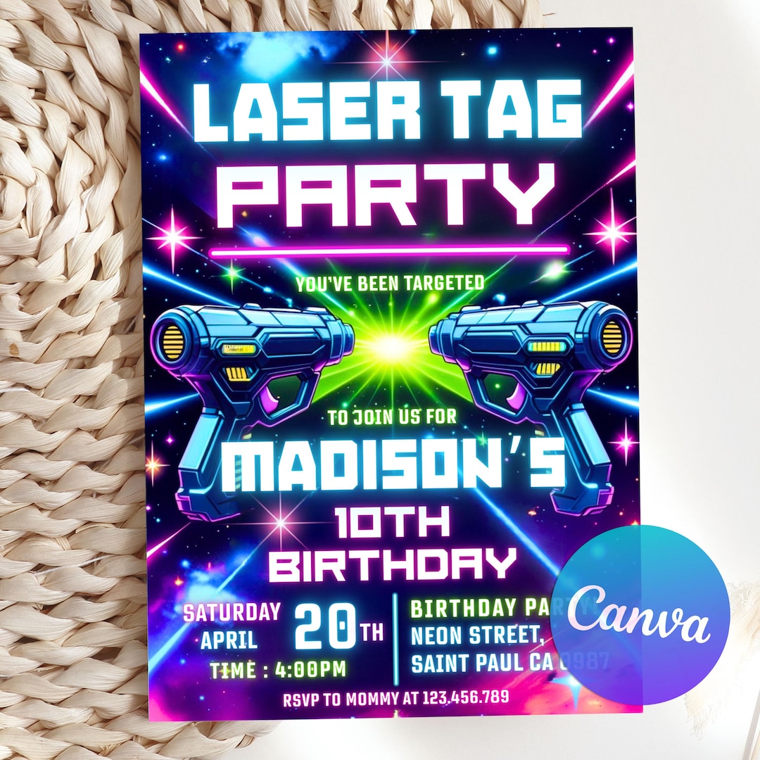Editable Laser Tag Birthday Invitation, Laser Tag Party Invite, Glow ...