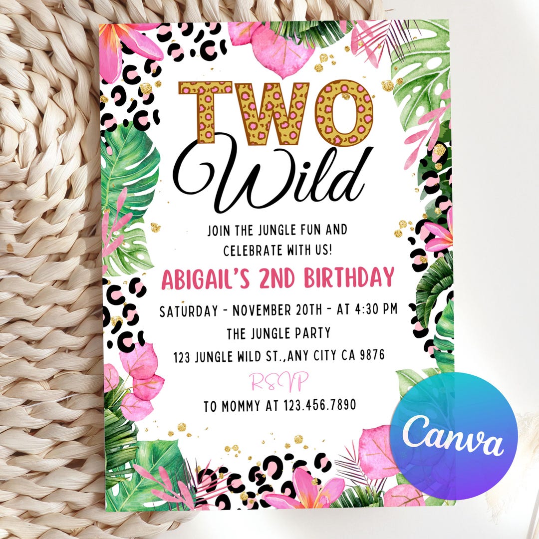 Editable Two Wild Leopard Print Invitation, Jungle Birthday Party ...