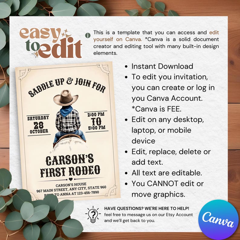 Cowboy First Birthday Invitation, Editable First Rodeo Invitation My ...