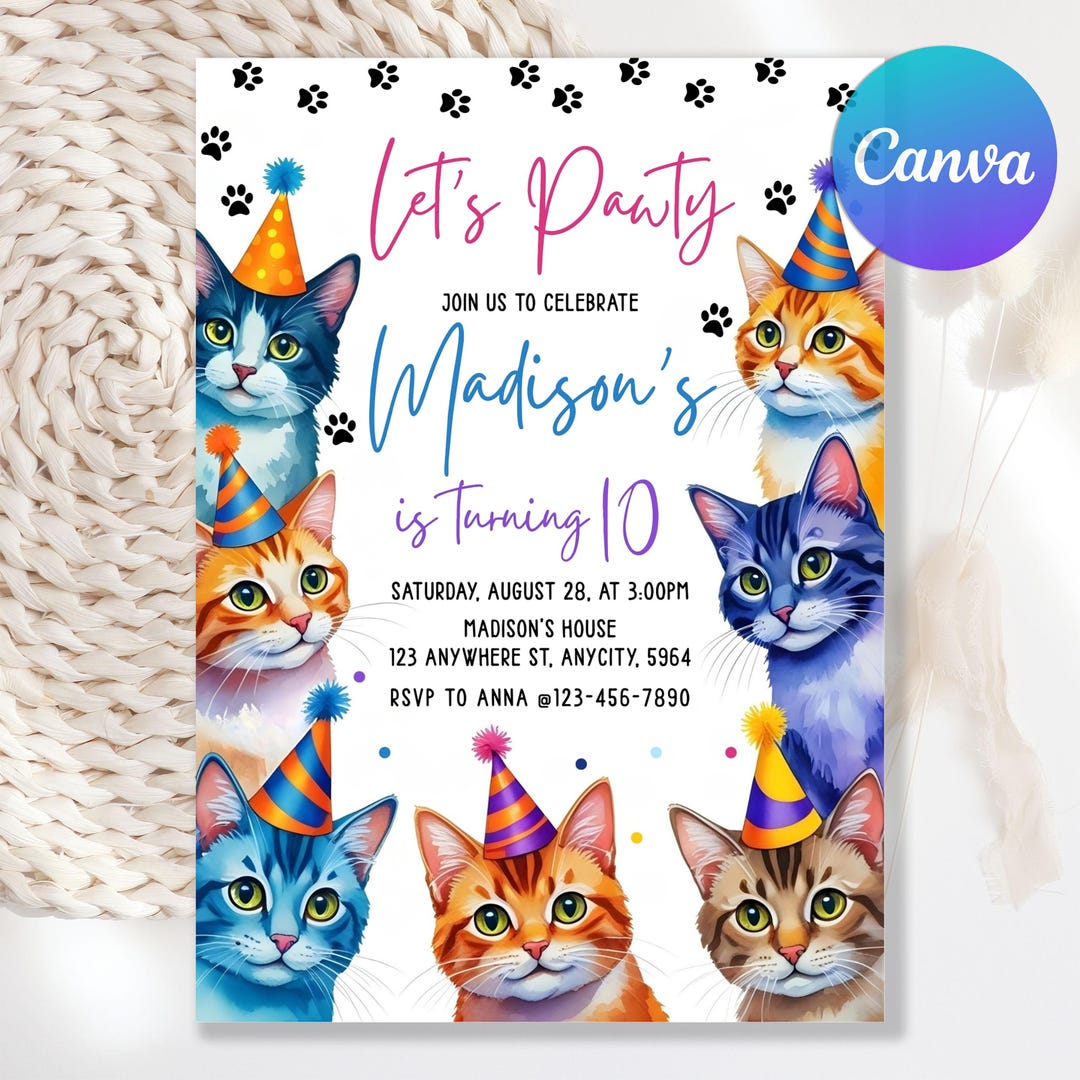 Editable Cat Birthday Invitation, Cute Cats Birthday Invite, Kitty Cat ...