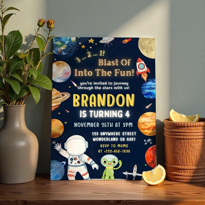 Editable Outer Space Birthday Invitation, Planet Rocket Astronaut ...