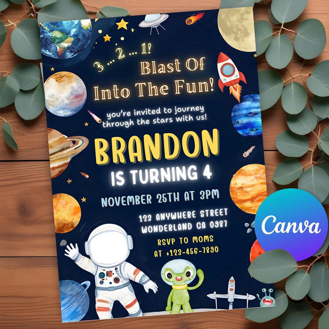 Editable Outer Space Birthday Invitation, Planet Rocket Astronaut ...