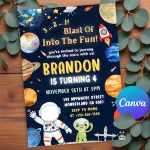 Editable Outer Space Birthday Invitation, Planet Rocket Astronaut ...