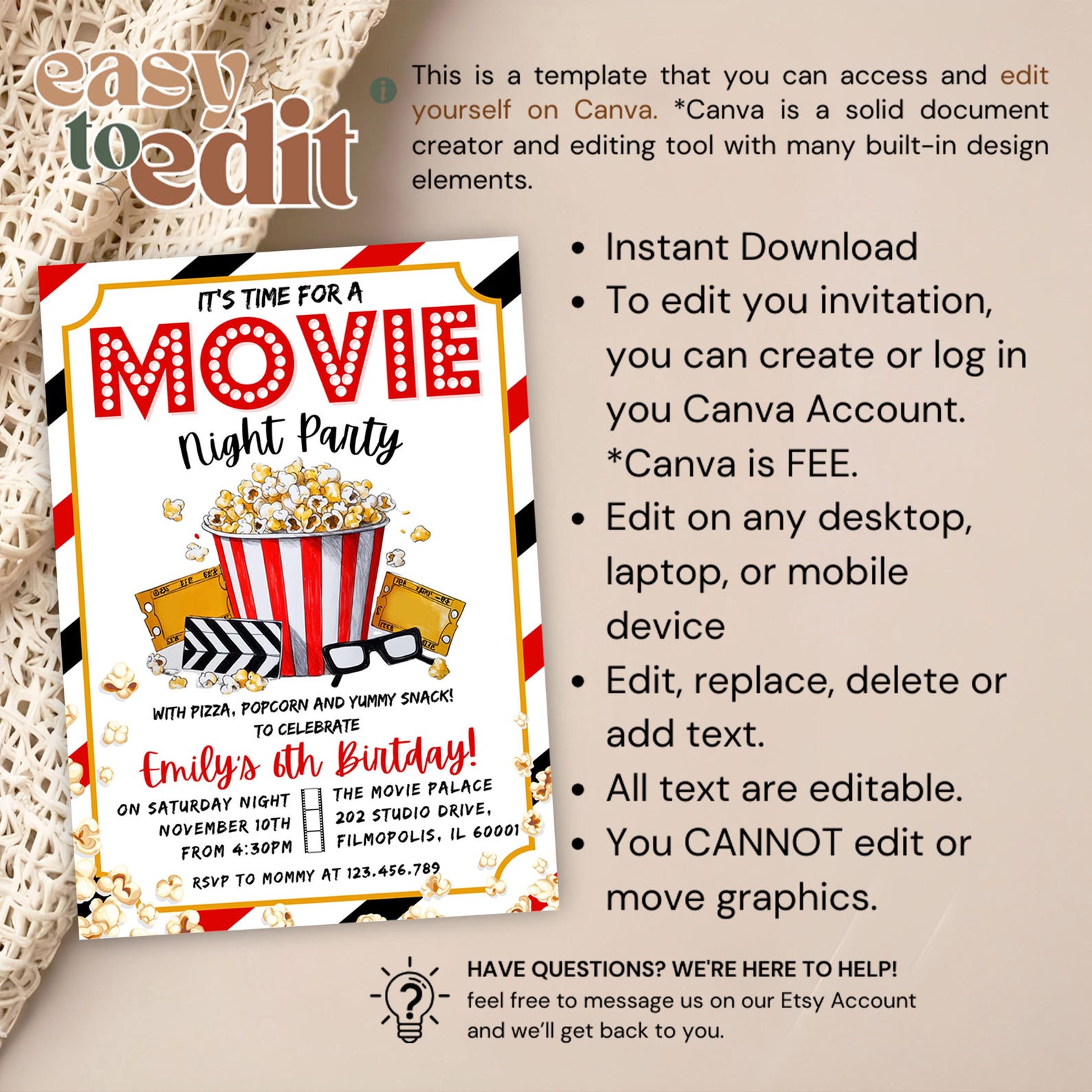 Editable Movie Night Invitation, Backyard Movie Night Invite, Pop on ...