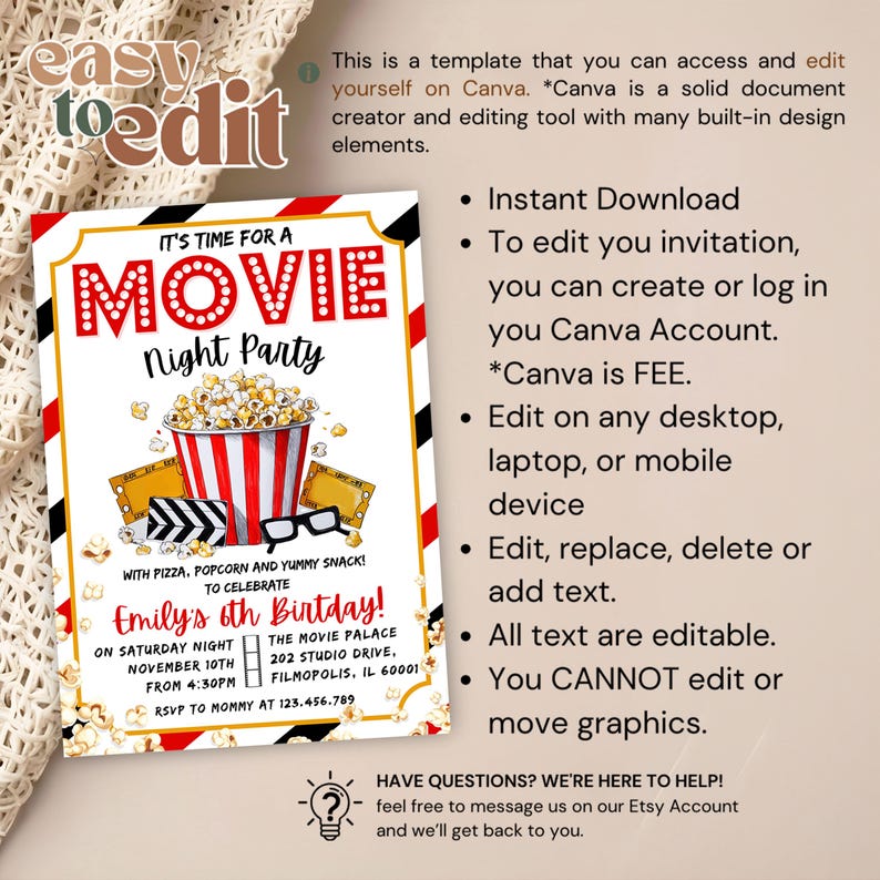 Editable Movie Night Invitation, Backyard Movie Night Invite, Pop on ...