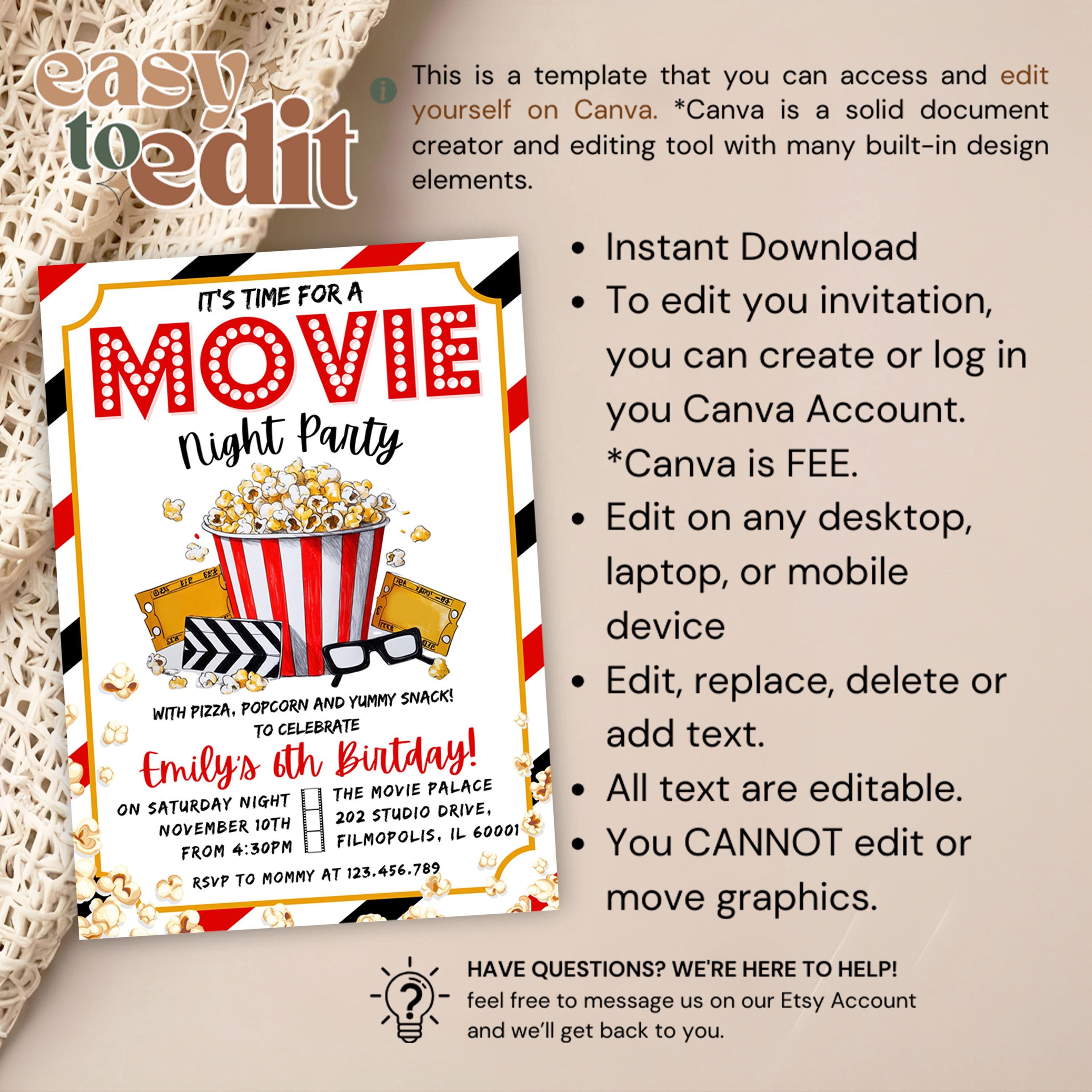 Editable Movie Night Invitation, Backyard Movie Night Invite, Pop on ...