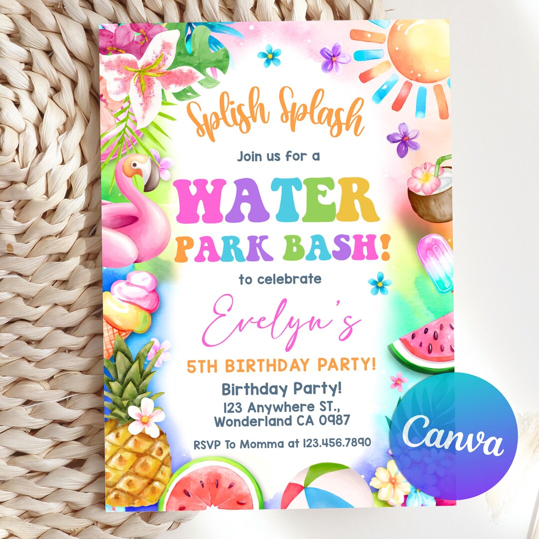 Editable Water Park Birthday Invitation, Ropical Waterslide Invite ...