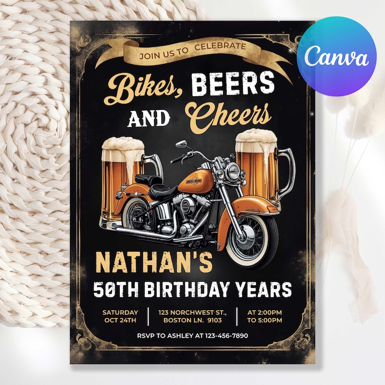 Editable Motorcycle Birthday Invitation, Biker Birthday Party Invite ...