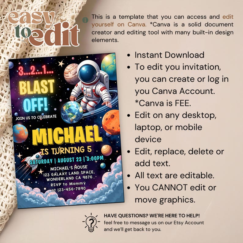 Editable Outer Space Birthday Invitation, Space Birthday Invitation ...