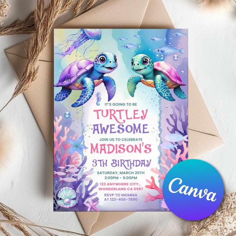 Editable Sea Turtle Birthday Invitation, Under the Sea Invite, Turtley ...