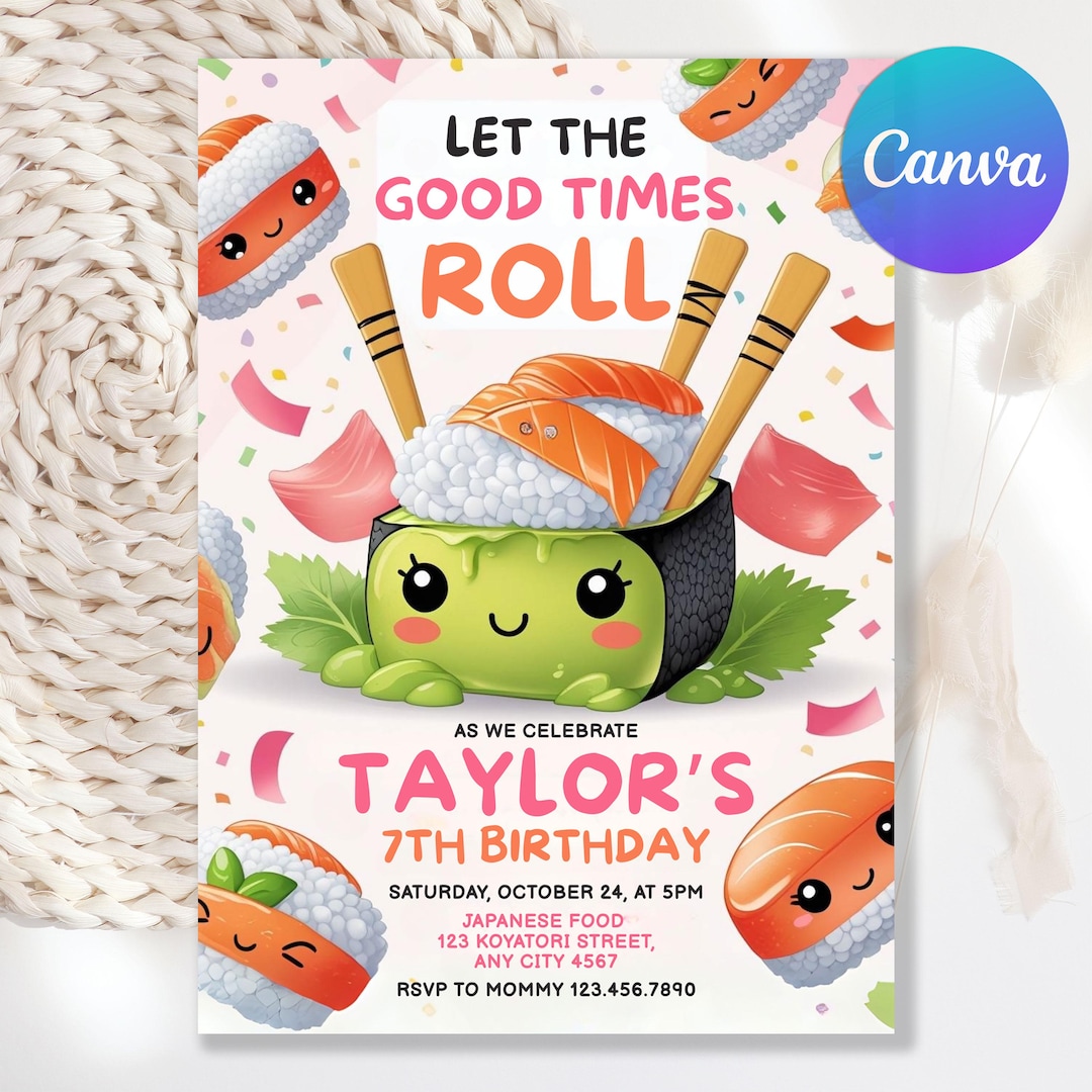 Editable Sushi Birthday Party Invitation, Sushi Party Invitation, Sushi ...