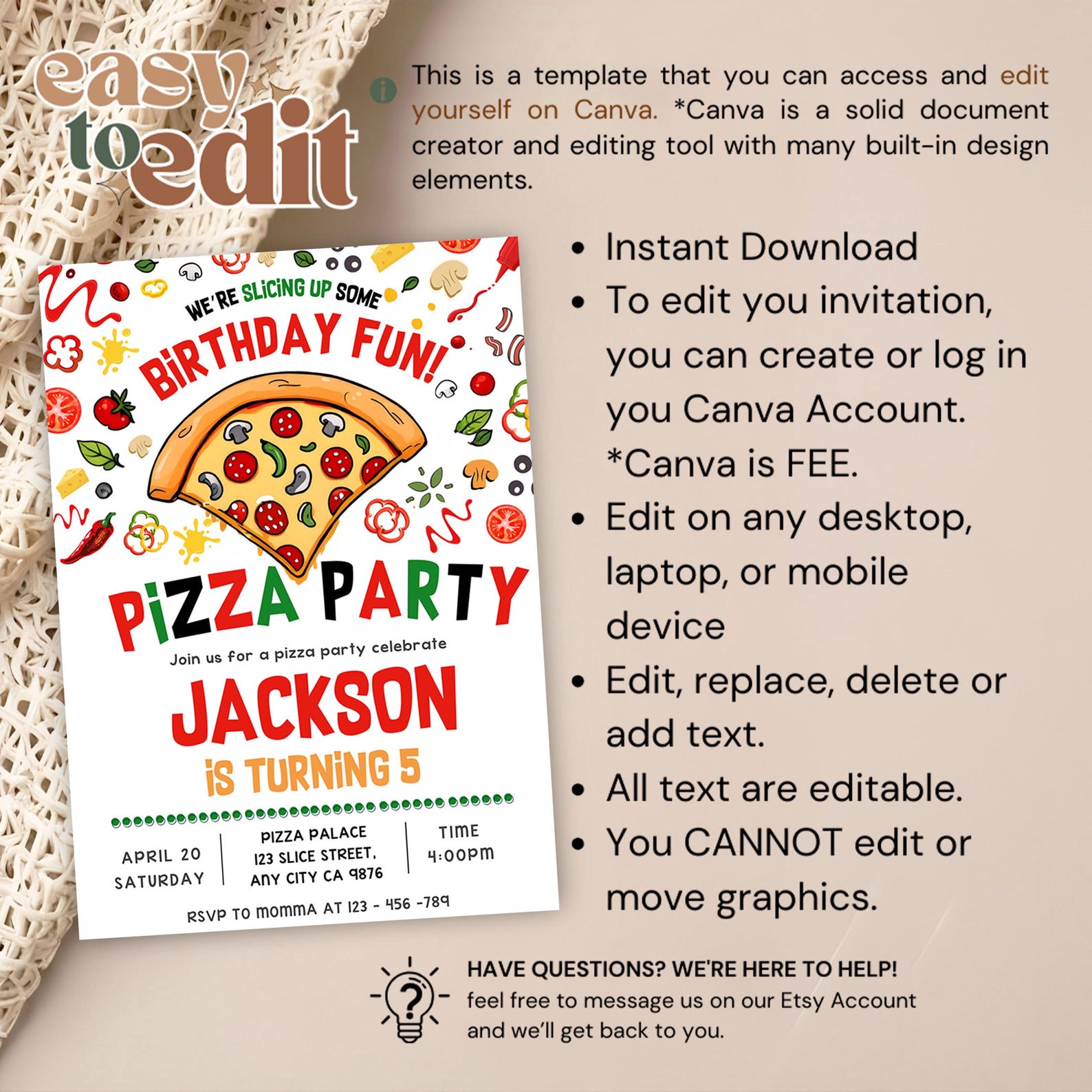 Editable Pizza Party Birthday Invitation, Pizza Party Invitation, Pizza ...