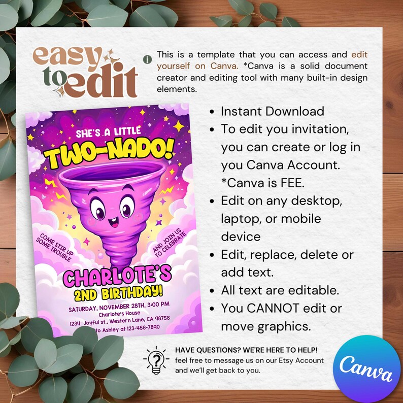 Editable Twonado Birthday Invitation, Tornado Party Invitation, Girl ...