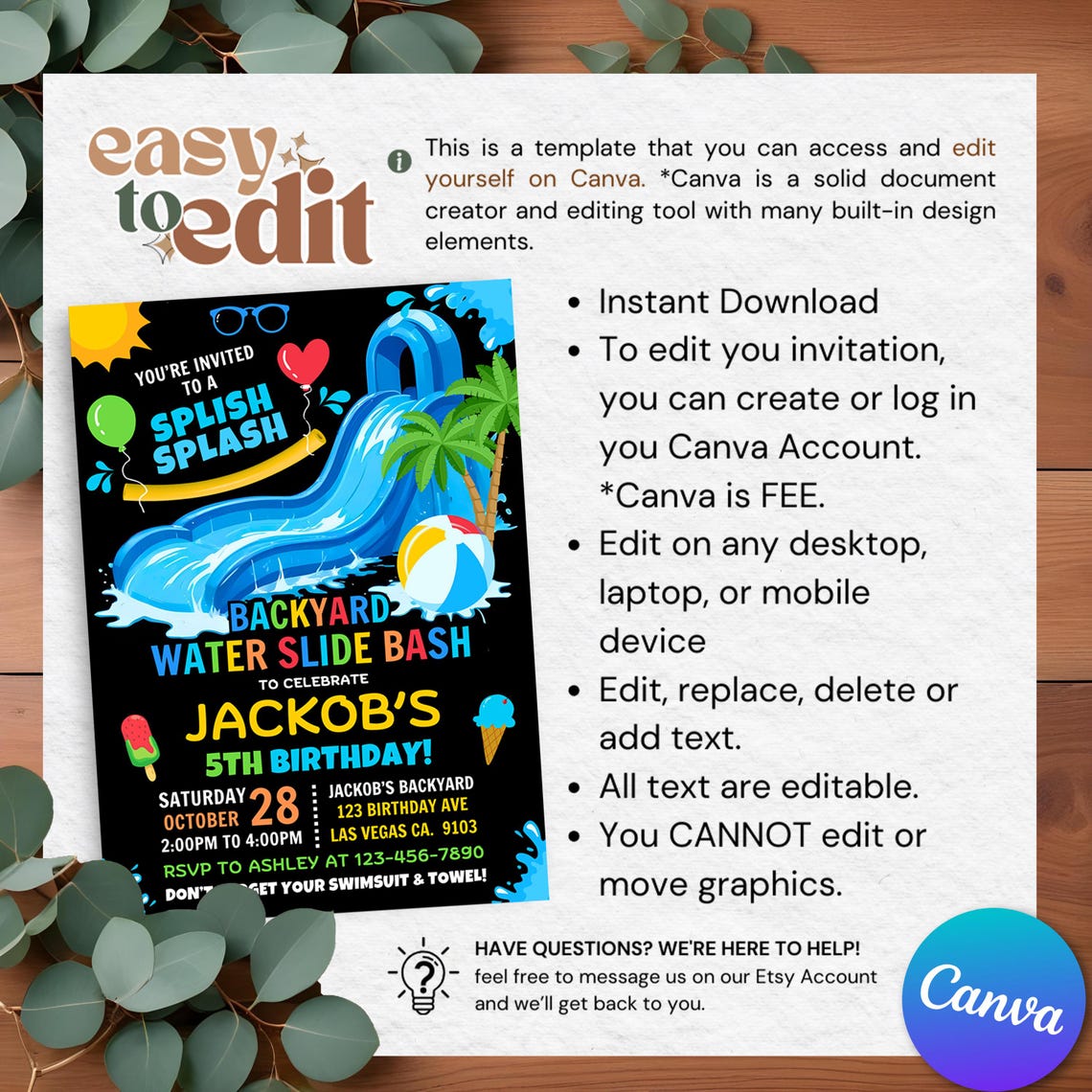 Editable Waterslide Birthday Invitation, Water Slide Invitation, Boy ...