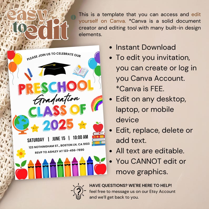 Editable Preschool Graduation Invitation, Pre-k Grad Announcement ...