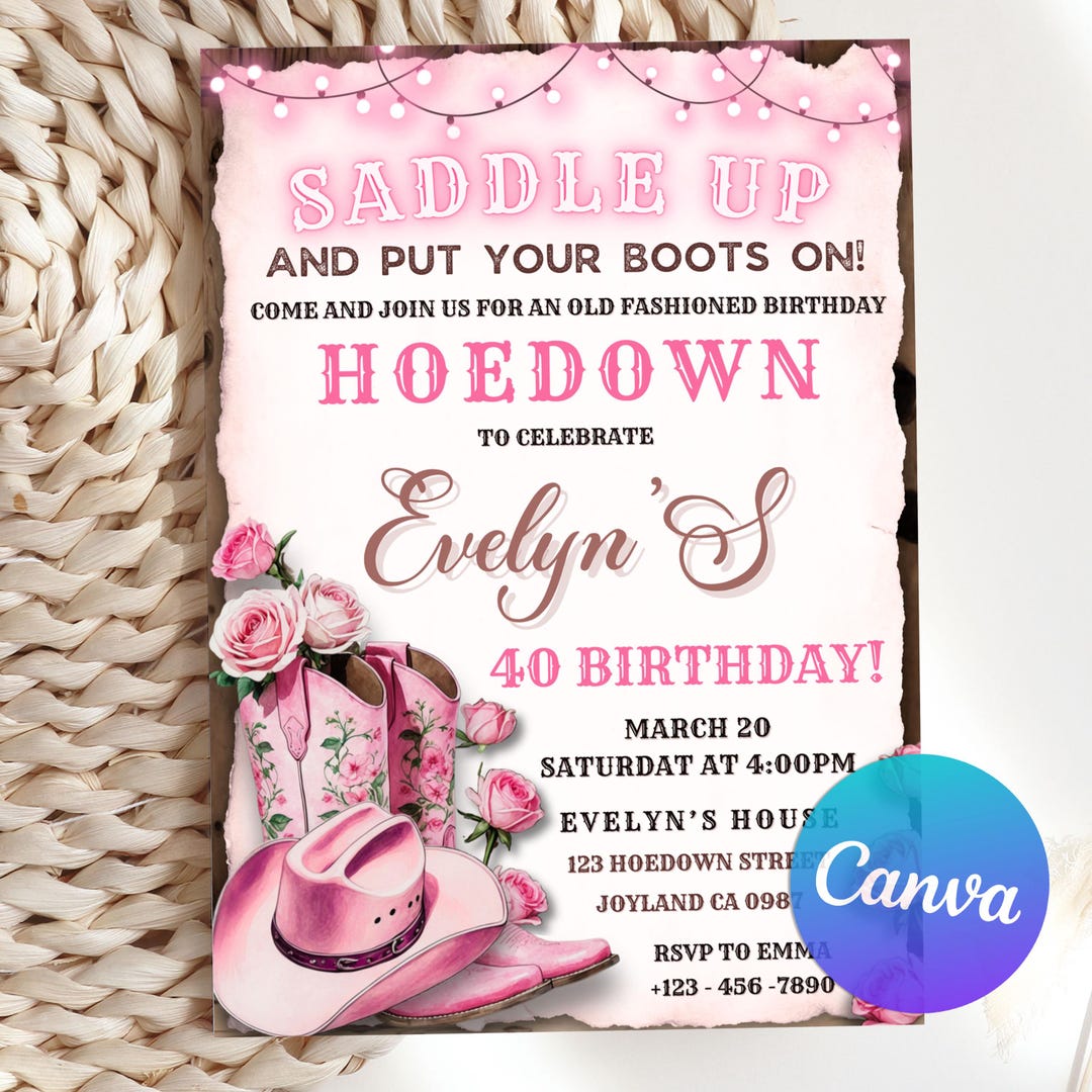 Editable Western Hoedown Birthday Invitation, Pink Hoedown Birthday ...