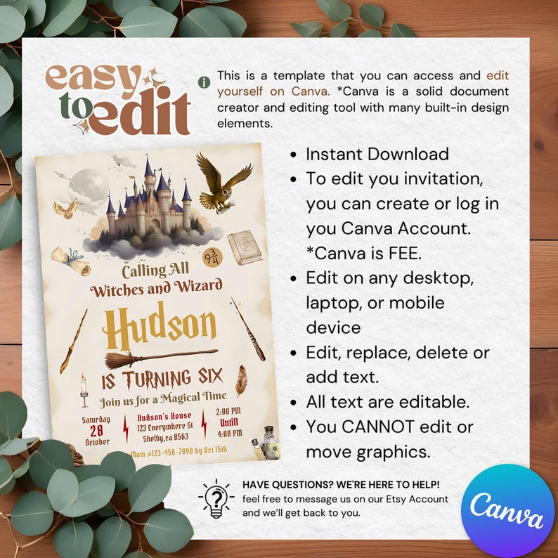 Editable Wizard Birthday Invitation, Magical Birthday Invite, W Wizards ...