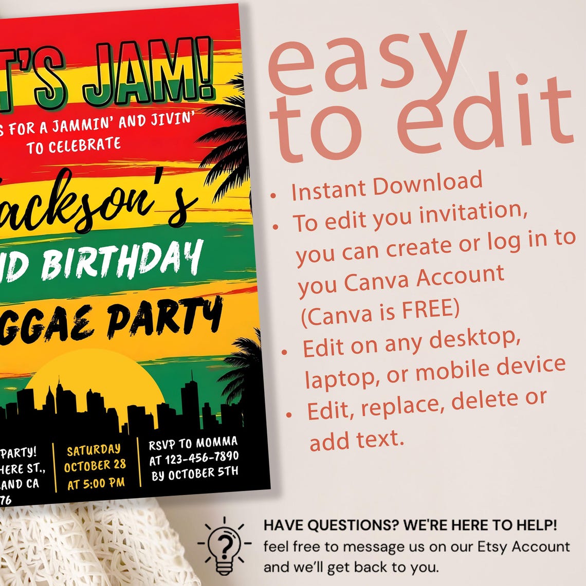 Editable Reggae Birthday Invitation, Reggae First Birthday Invite, One ...