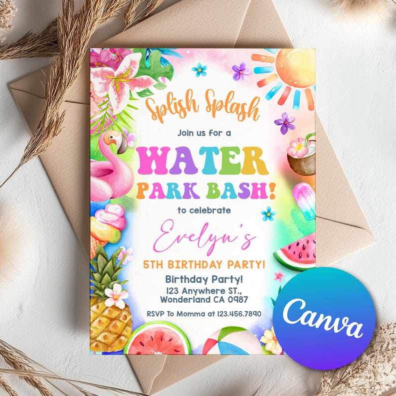 Editable Water Park Birthday Invitation, Ropical Waterslide Invite ...
