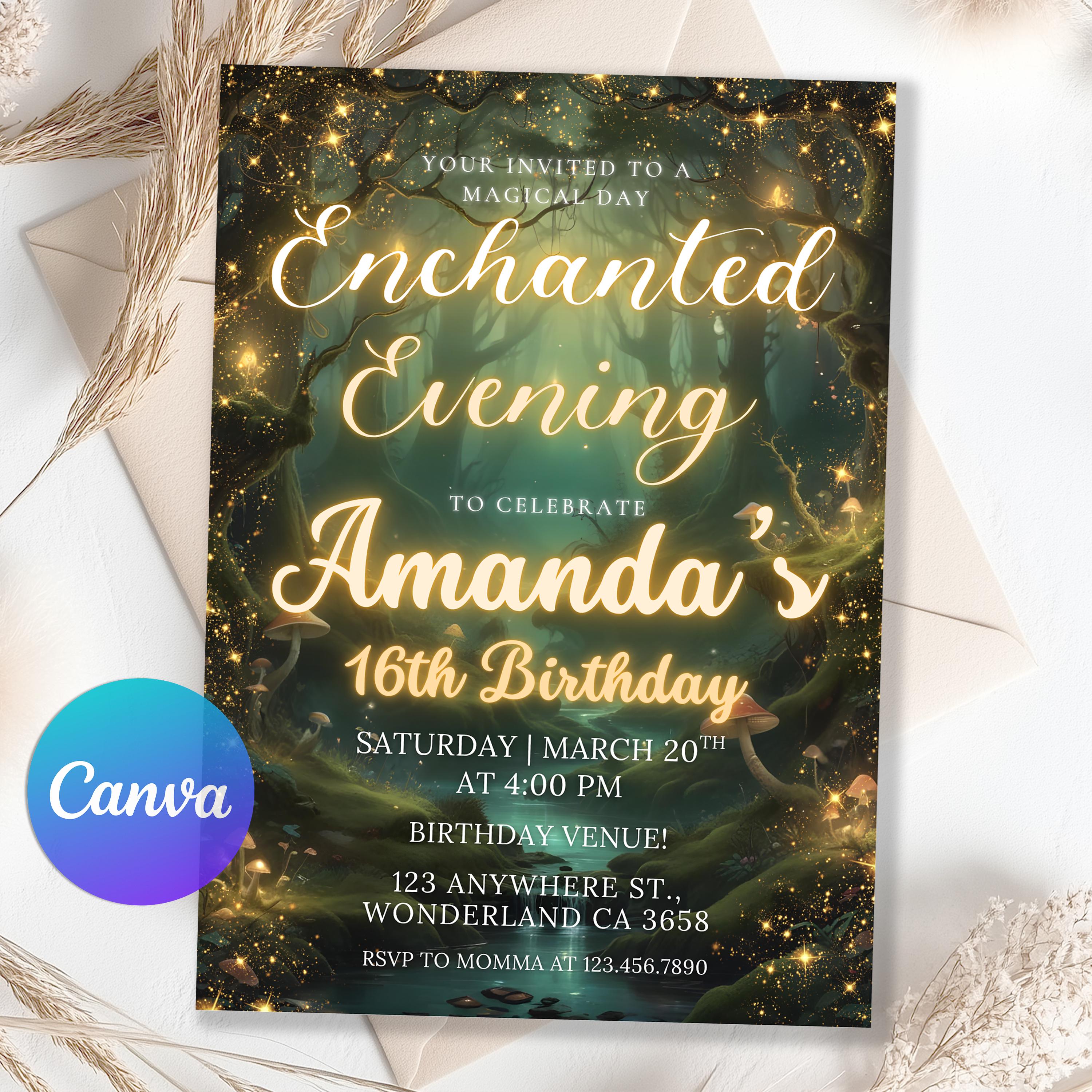 Editable Sweet 16 Birthday Invitation, Enchanted Forest Sweet 16 ...