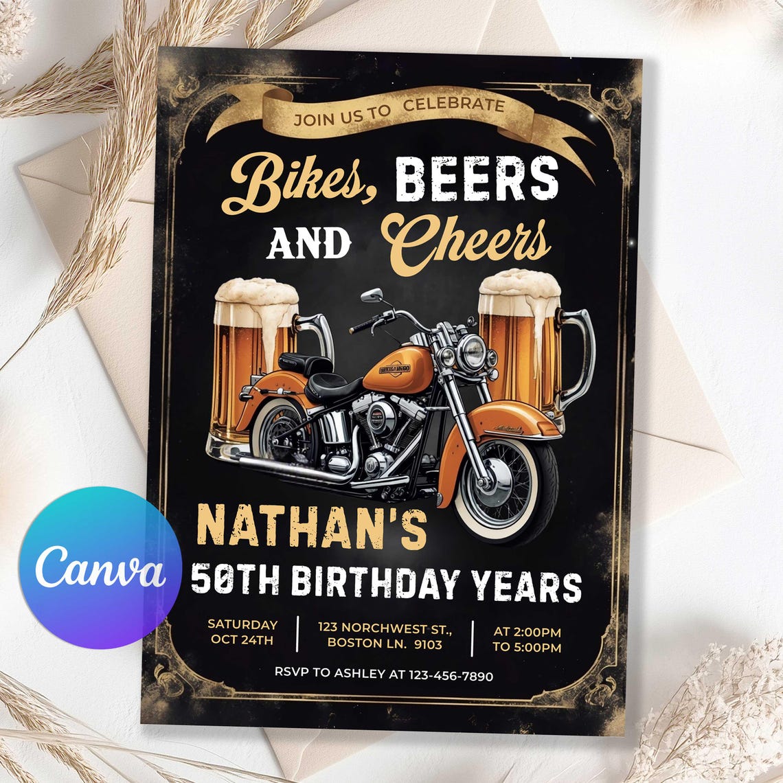 Editable Motorcycle Birthday Invitation, Biker Birthday Party Invite ...