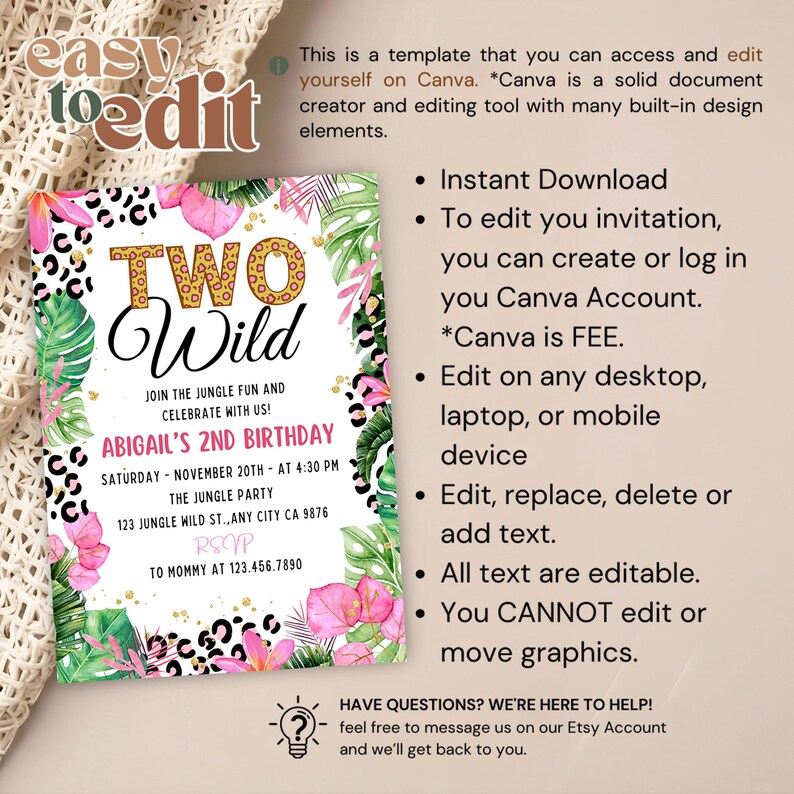 Editable Two Wild Leopard Print Invitation, Jungle Birthday Party ...
