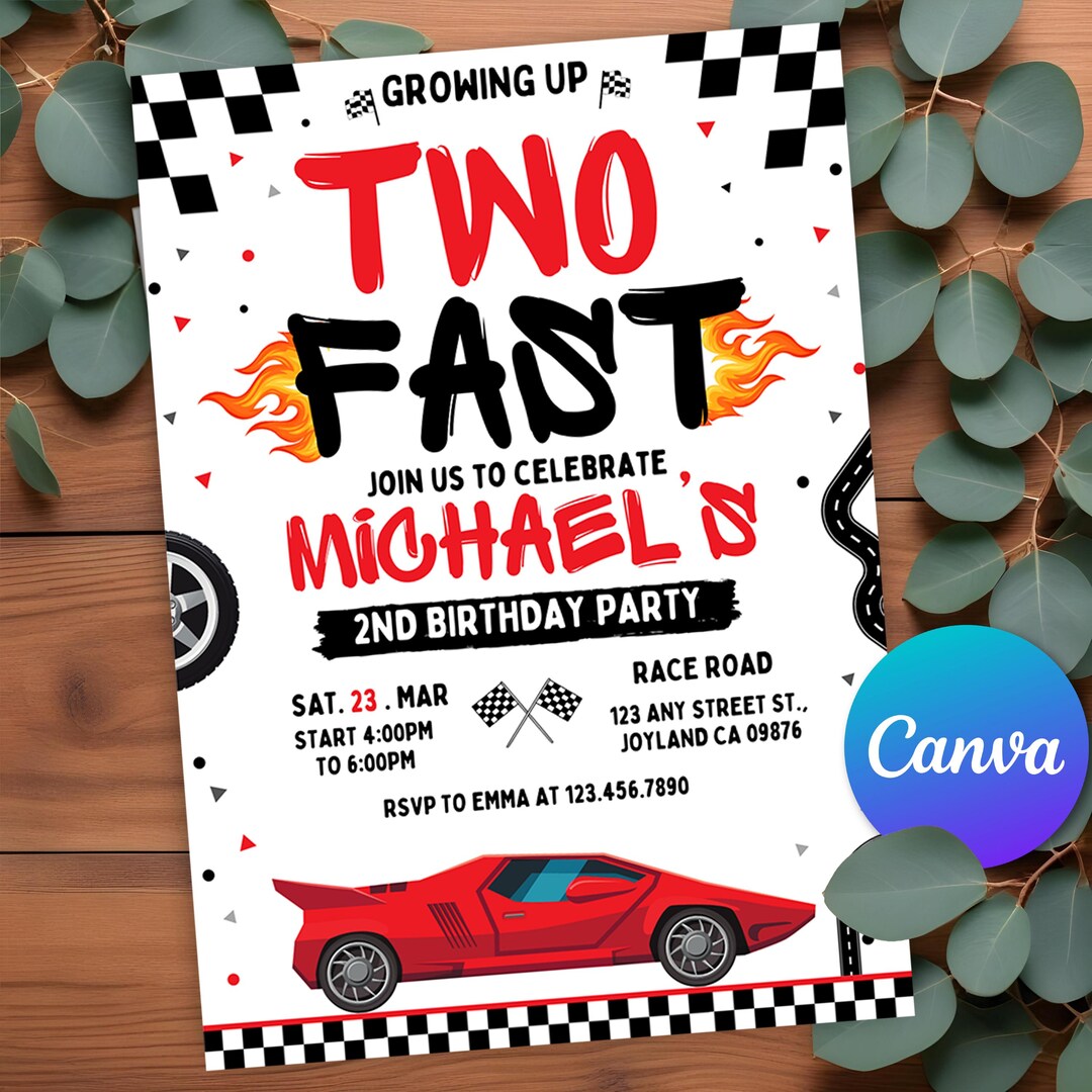 Editable Two Fast Birthday Invitation, Two Fast Boy Race Car Birthday ...