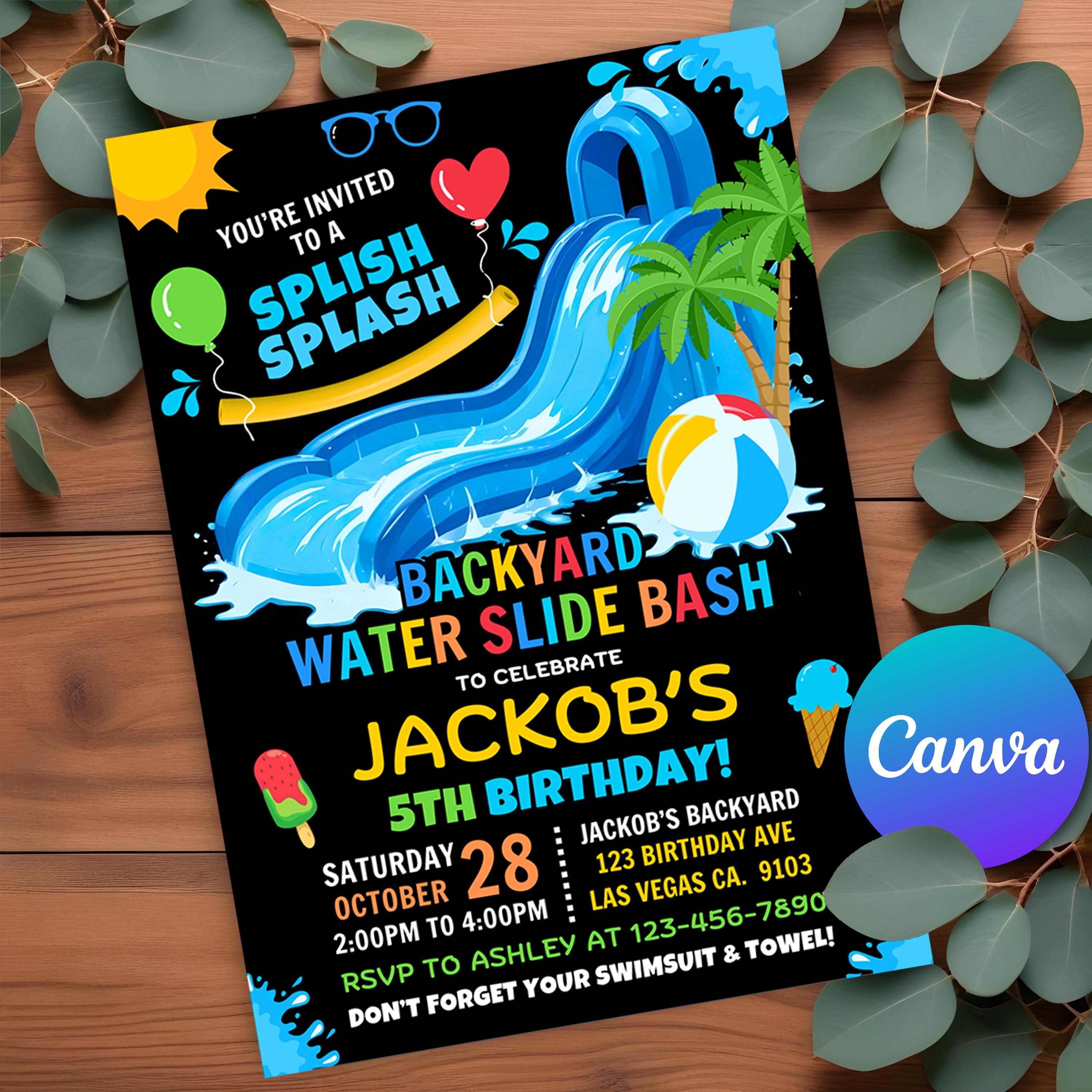 Editable Waterslide Birthday Invitation, Water Slide Invitation, Boy Girl Splash Party Invite ...
