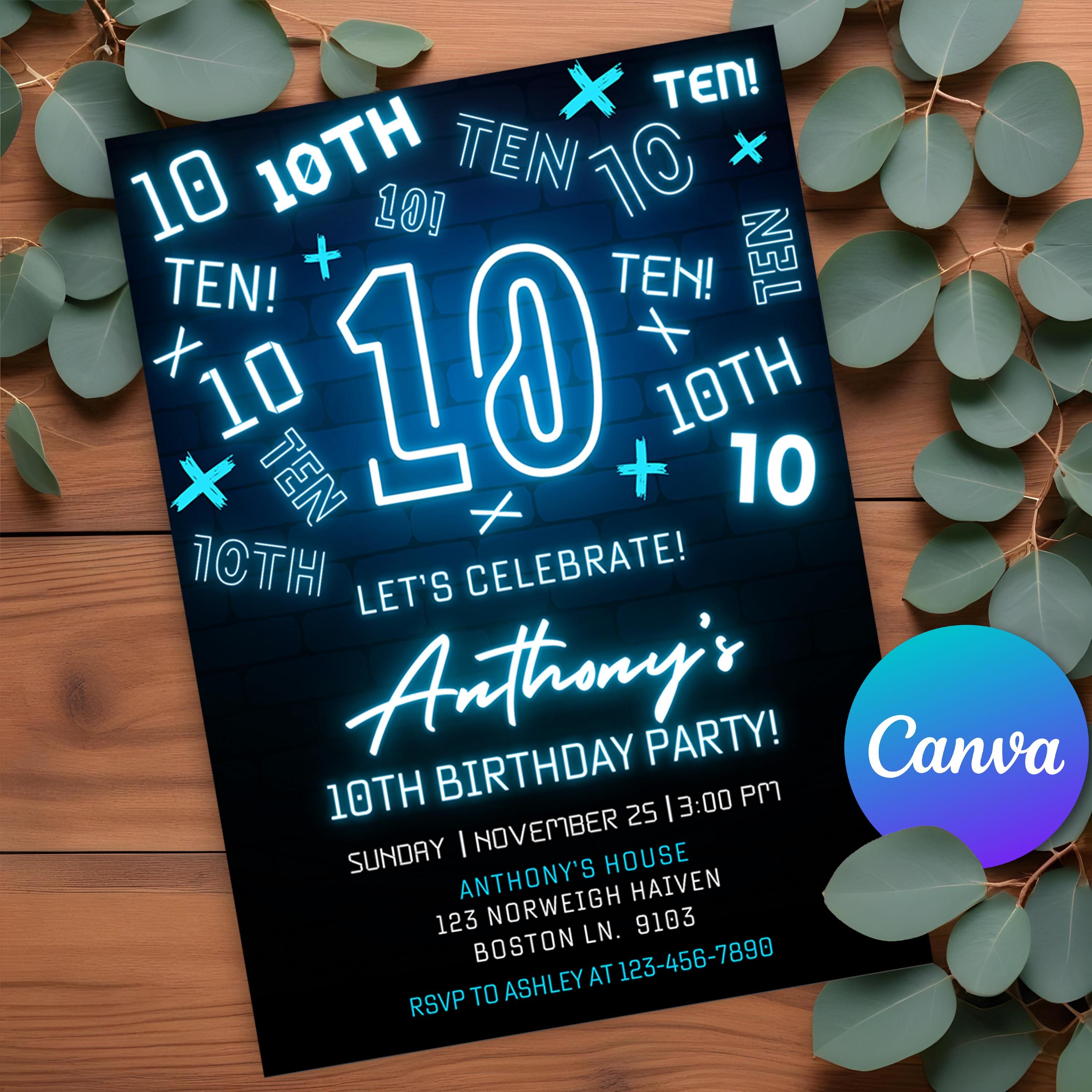 Editable 10thn Boy Birthday Invitation, Glow Neon Boy Birthday ...
