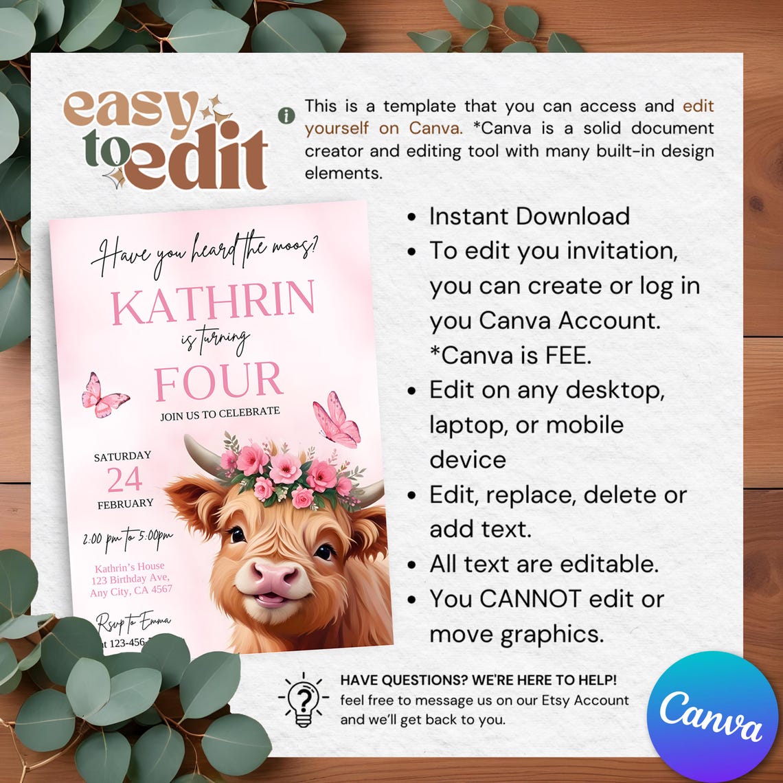 Editable Highland Cow Birthday Invitation, Holy Cow Invitation Girl ...