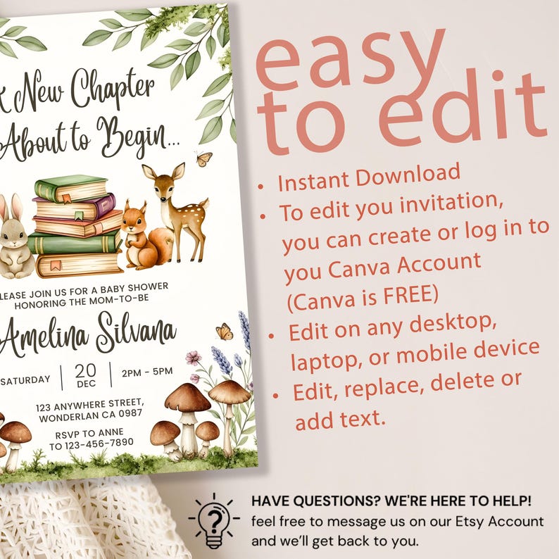 Editable A New Chapter Begins Baby Shower Invitation, Woodland Baby ...