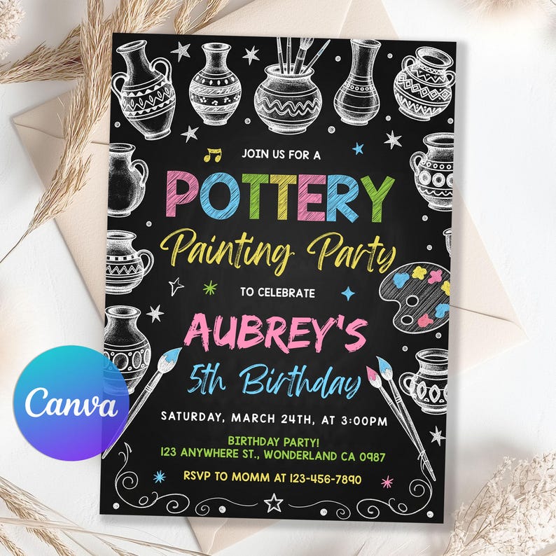 Editable Pottery Art Birthday Party Invitation, Pottery Painting ...