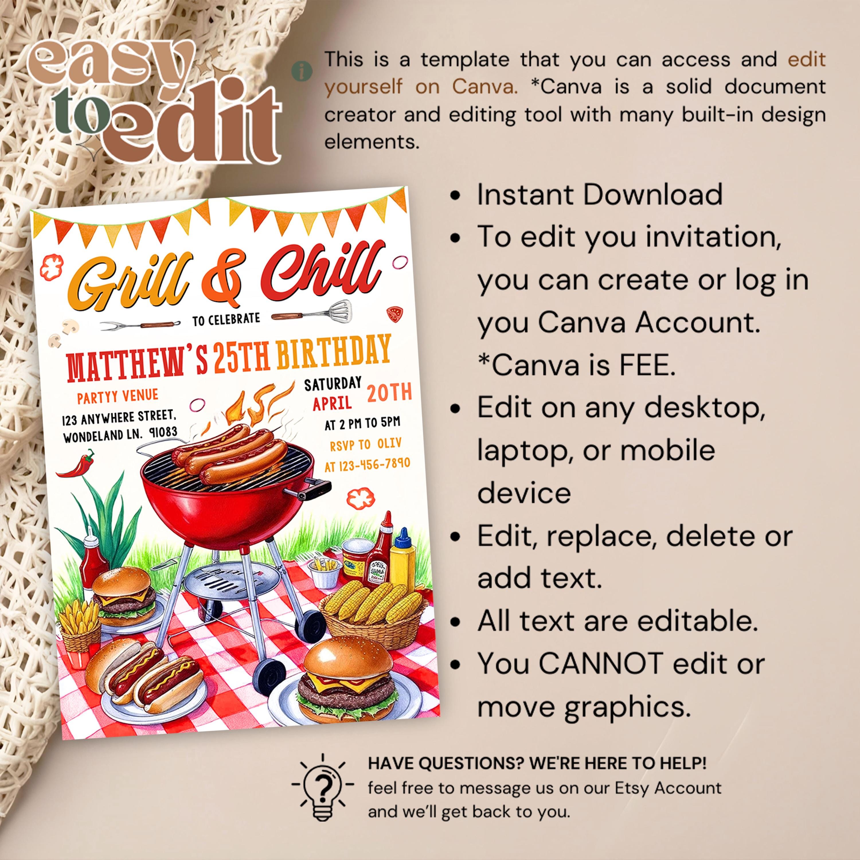 Editable BBQ Birthday Invitation, BBQ Invitation, Chill and Grill ...