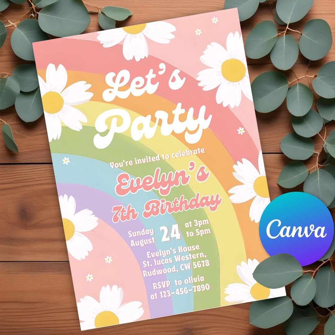 Editable Daisy Pastel Rainbow Birthday Party Girl Invitation, Let's ...