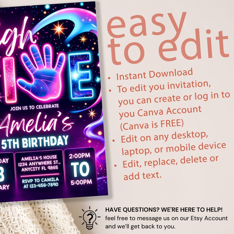 Editable High Five Birthday Invitation, Neon Glow High 5 Boy Birthday ...