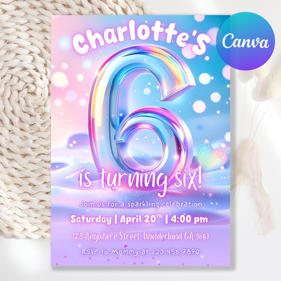 Editable Pink 6th Birthday Invitation, Glitter Birthday Invite, Girl ...