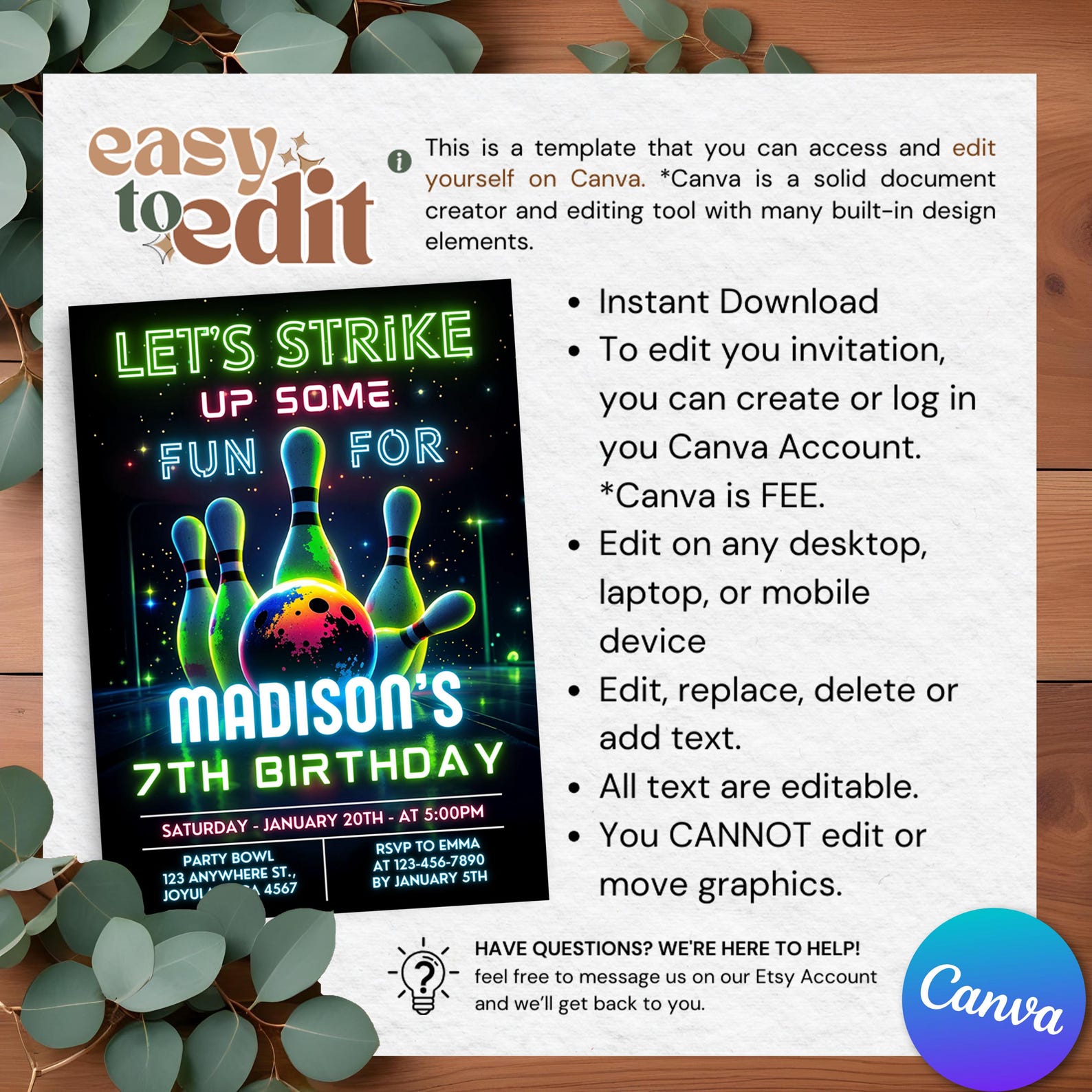 Editable Bowling Birthday Invitation, Glow Bowling Invitation, Girl ...