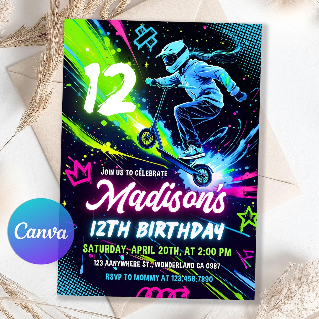 Editable Scooter Birthday Invitation, Boy Birthday Invitation, Skate ...