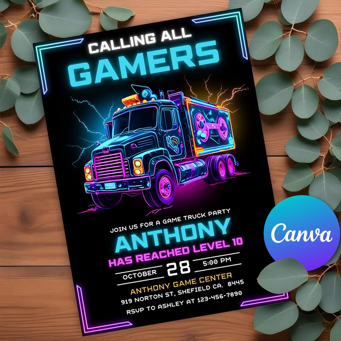 Editable Video Game Truck Birthday Invitation, Neon Gaming Party Video ...