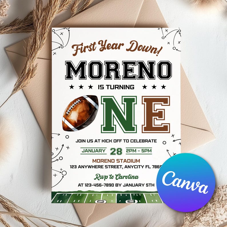 Editable Football Birthday Invitation, First Year Down, Football ...