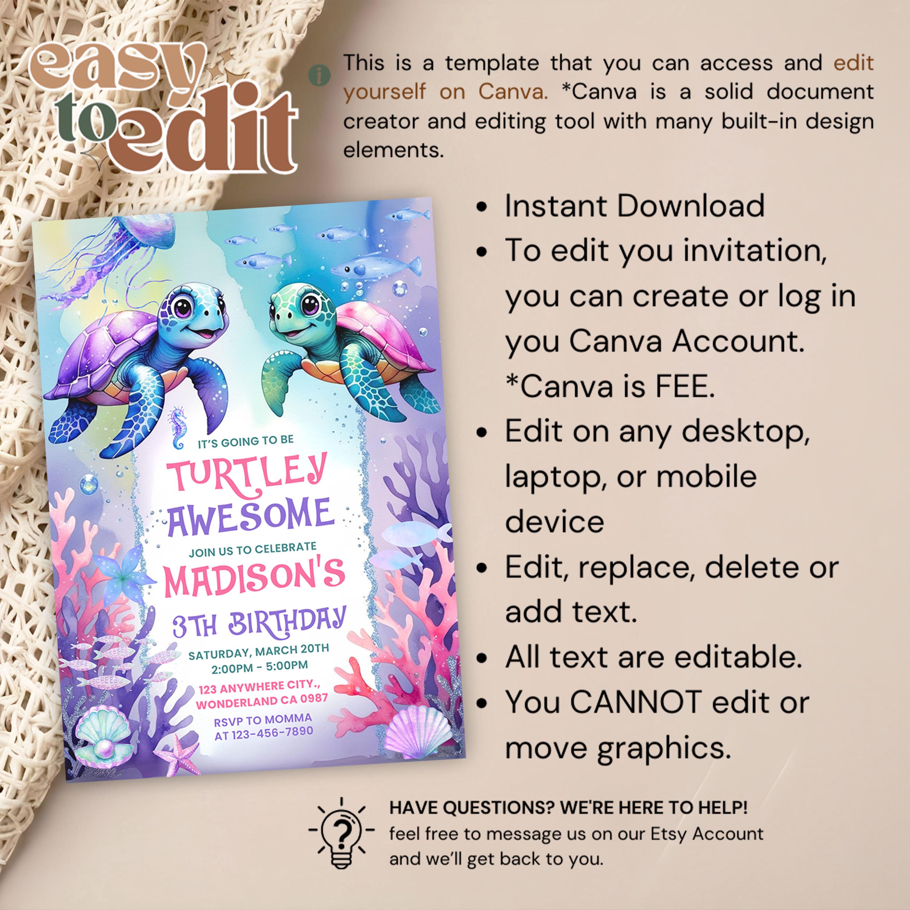 Editable Sea Turtle Birthday Invitation, Under the Sea Invite, Turtley ...