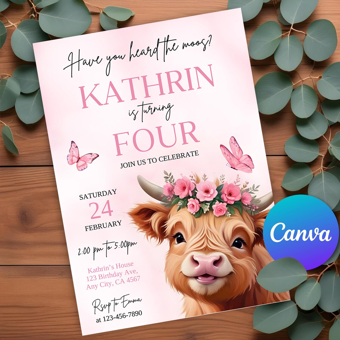Editable Highland Cow Birthday Invitation, Holy Cow Invitation Girl ...