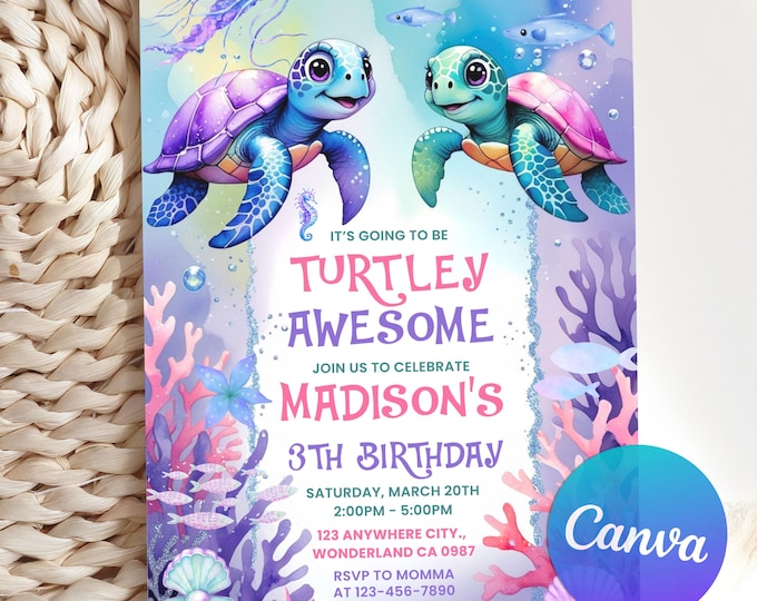 Turtle Birthday Invitation, Turtley Awesome Birthday Invitation, Boy ...