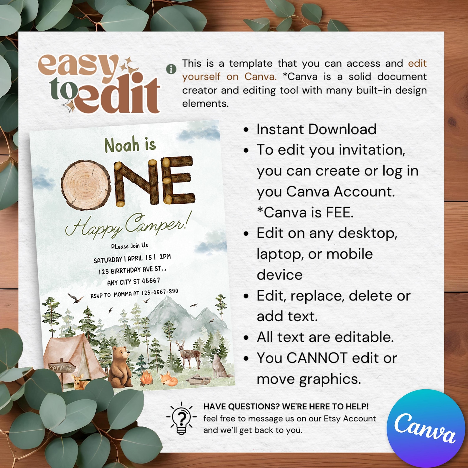 Editable One Happy Camper Invitation, Camping Birthday Invite, Boy ...