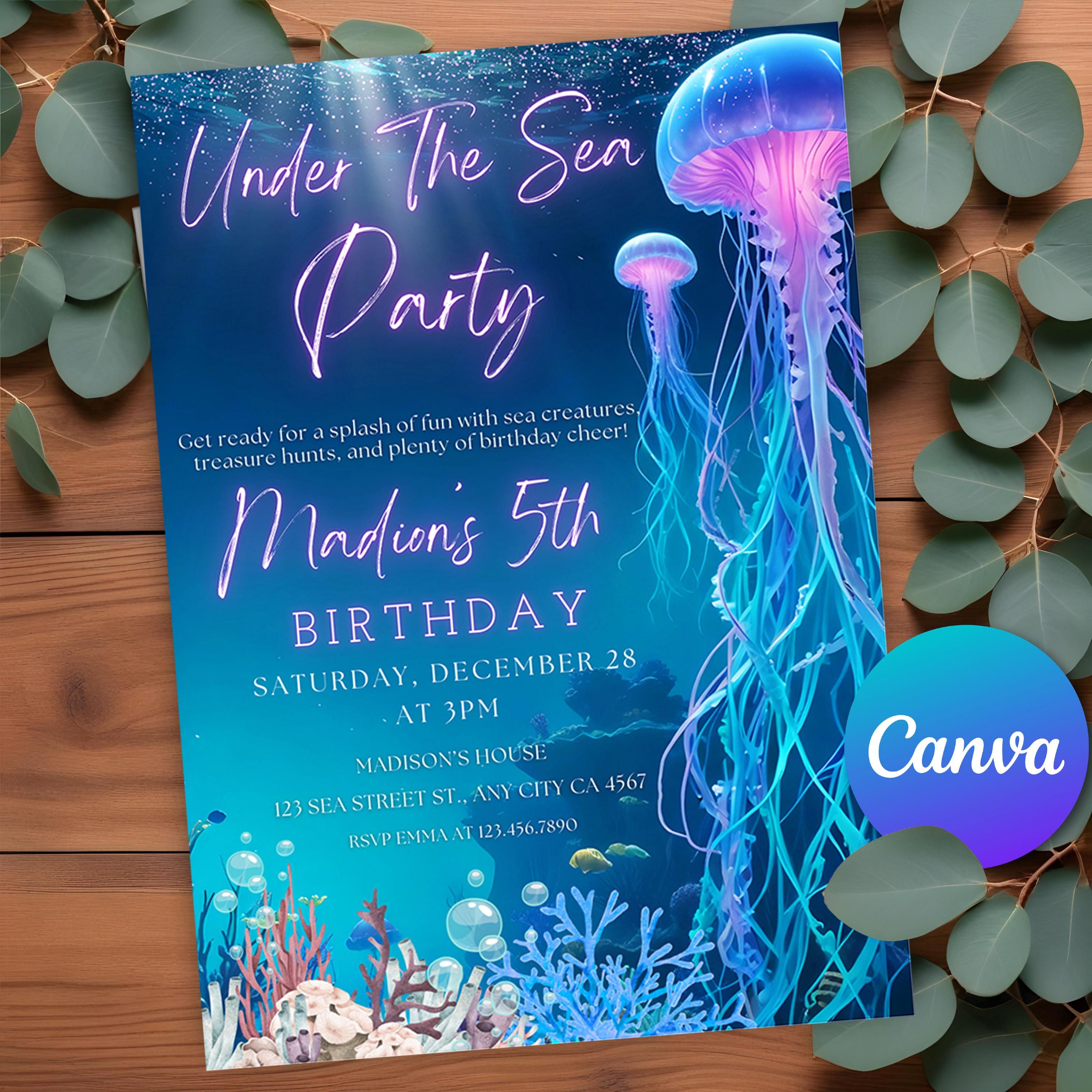 Editable Under the Sea Neon Birthday Invitation, Ocean Theme Birthday ...